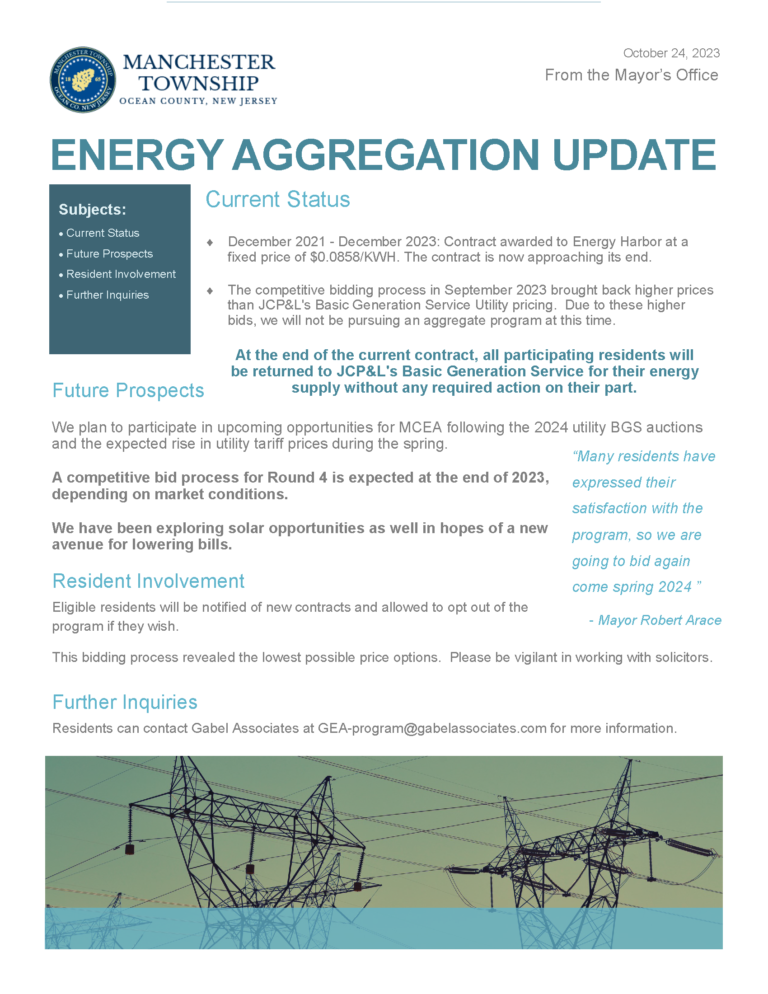 Energy Aggregation Update – Manchester Township